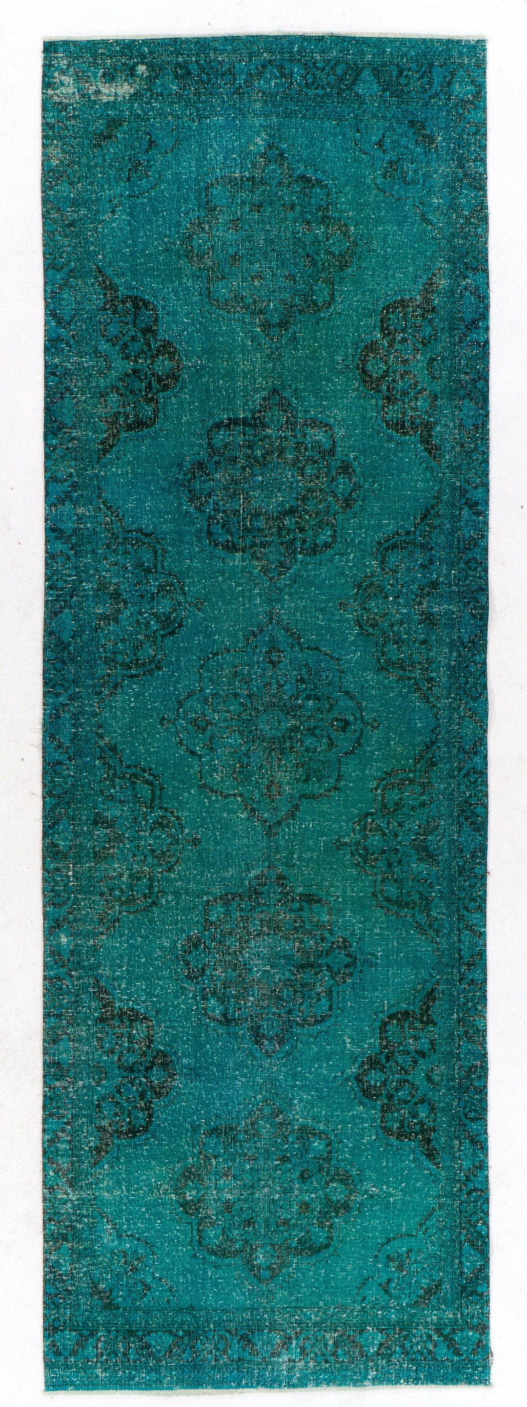 Vintage Runner Rug Re-dyed in Teal Color for Hallway Decor, Hand ...