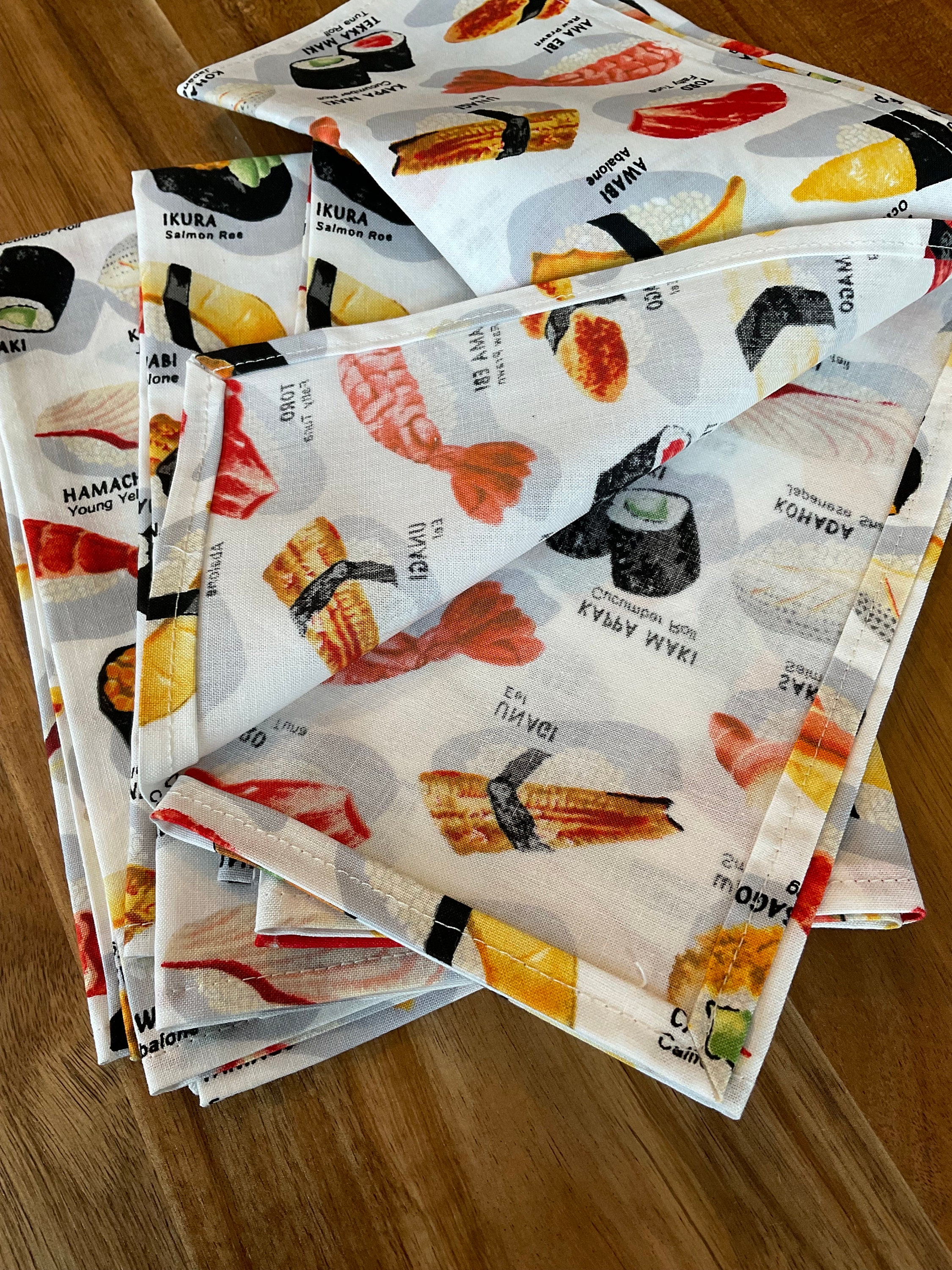 Sushi Print Fabric Cotton Cloth Dinner Napkins Set - Large Reusable ...