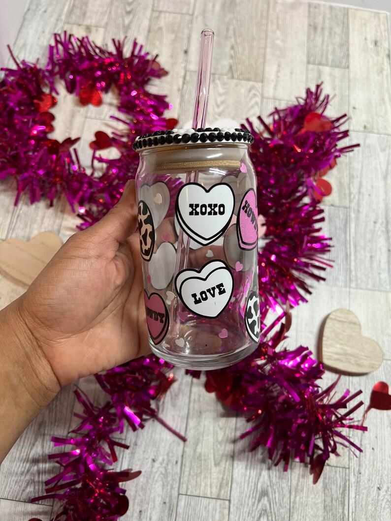 Cowgirl Cow Print Conversational Hearts Glass Can Tumbler Checkered ...