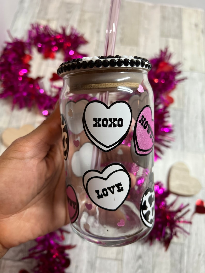 Cowgirl Cow Print Conversational Hearts Glass Can Tumbler Checkered ...