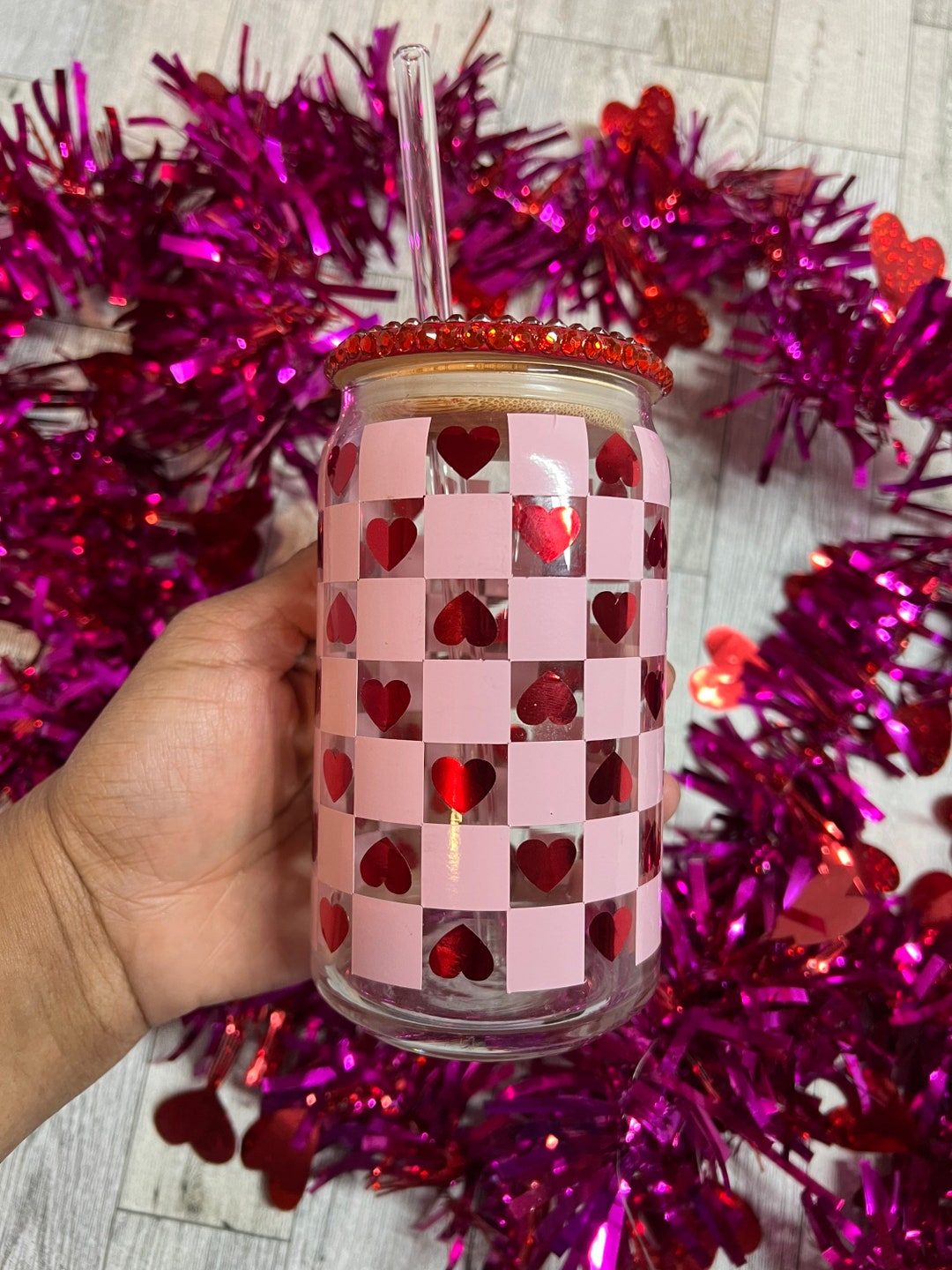 Checker Hearts Glass Can Tumbler Checkered Trendy Glass Can - Etsy