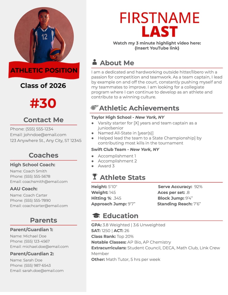 Athlete Recruiting Resume Template: College Sports CV (google Doc) - Etsy