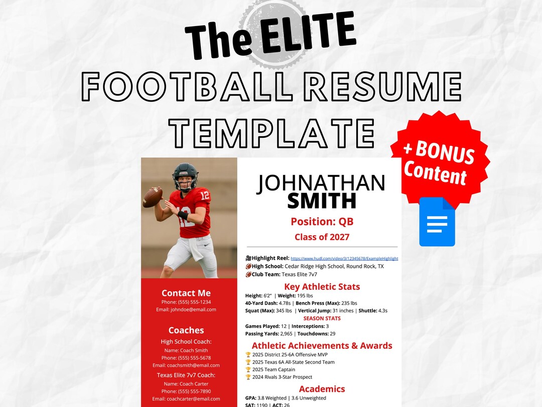 Football Resume Template: College Recruiting Athlete (google Doc ...