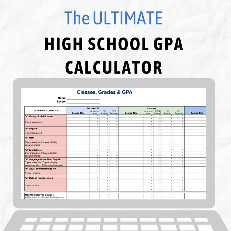 High School GPA Calculator Template | Digital Download for Excel ...