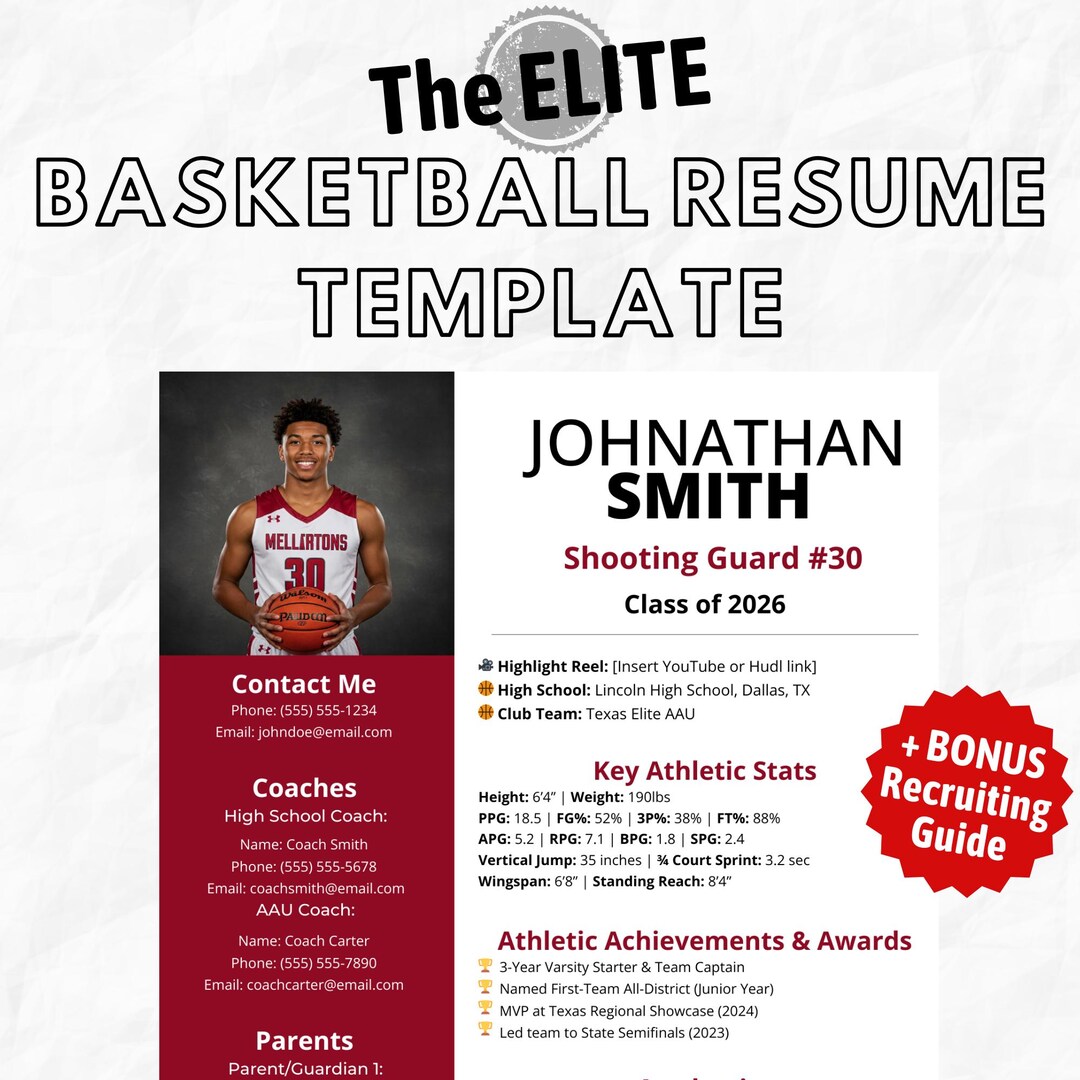Elite Basketball Resume Template + Recruiting Guide (google Docs) - Etsy