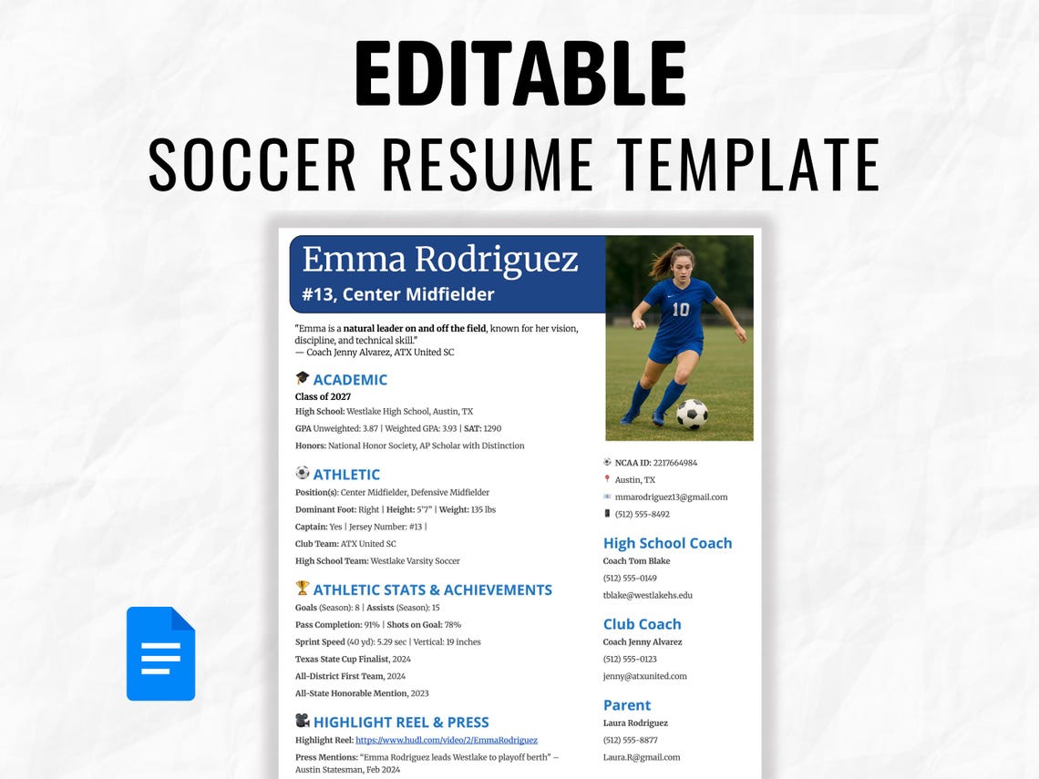Soccer Resume Template for College Recruiting | Google Doc Editable ...