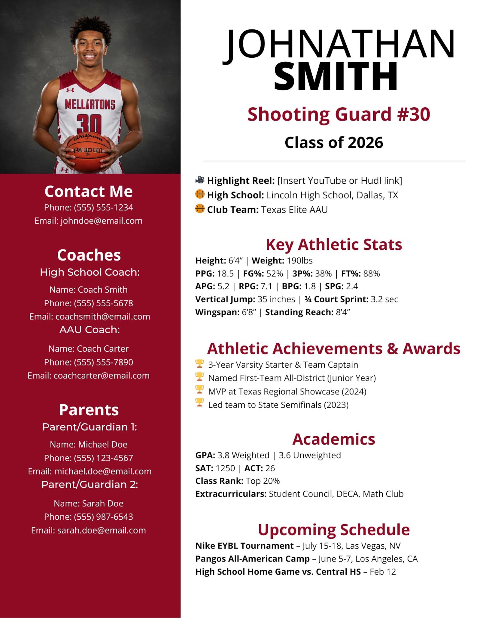 Elite Basketball Athletic Resume Template + Bonus Recruiting Guide ...