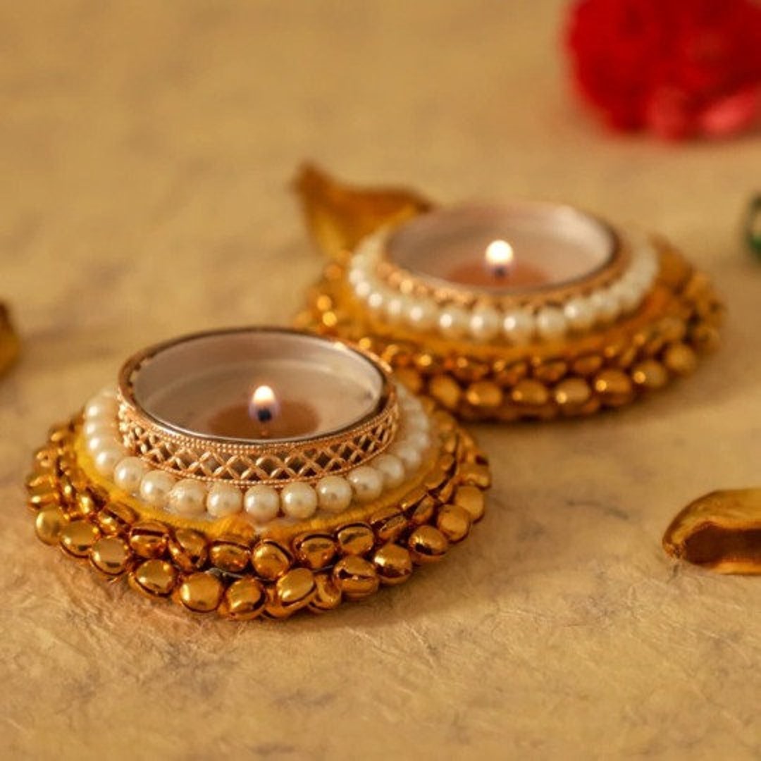 Metal Brass Diyas Bells for Tea Light Holder Decorated Pearls candle ...