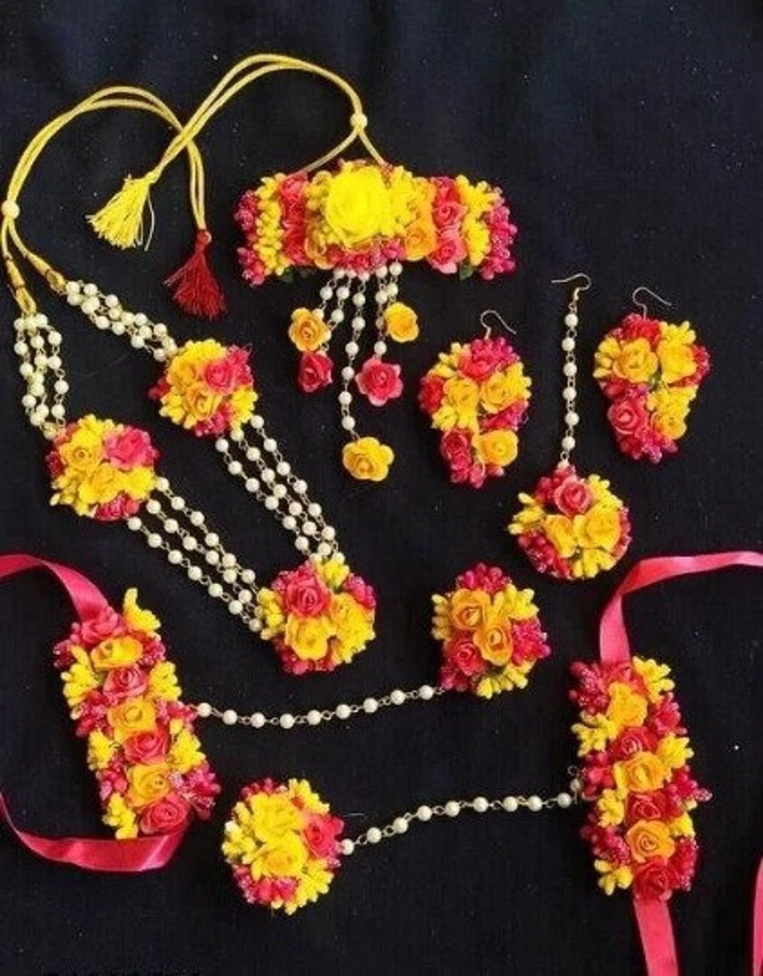 Hand Made Artificial Paper Flower Jewelry Set for Bridal Haldi, Mehndi ...