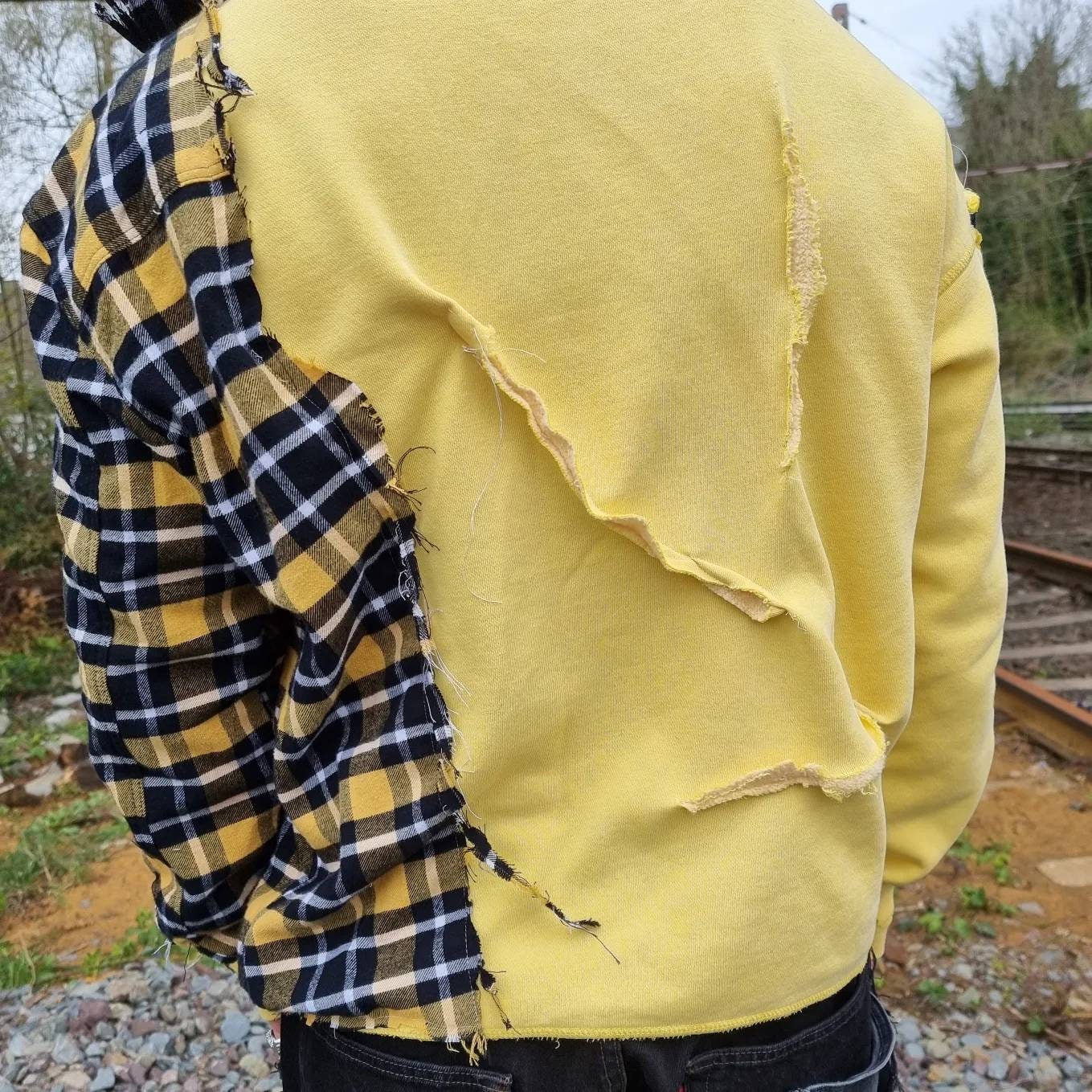 Custom Handmade Cropped Two Tone Sweater Crewneck Flannel Yellow Ripped ...