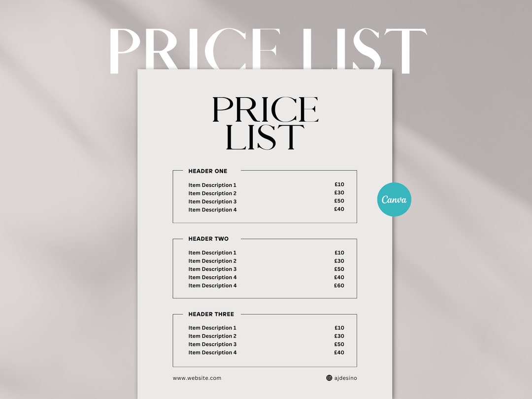 Price List CANVA Template I 3 Sizes I US Letter A4 A5 - Etsy