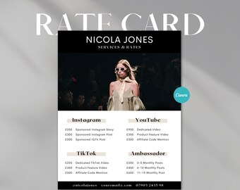 Influencer Rate Card I Canva Template I Influencer Kit I 1 Page Rate ...