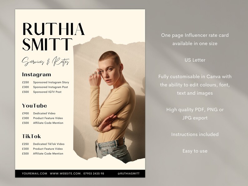 Influencer Rate Card I Canva Template I Influencer Kit I 1 Page Rate ...