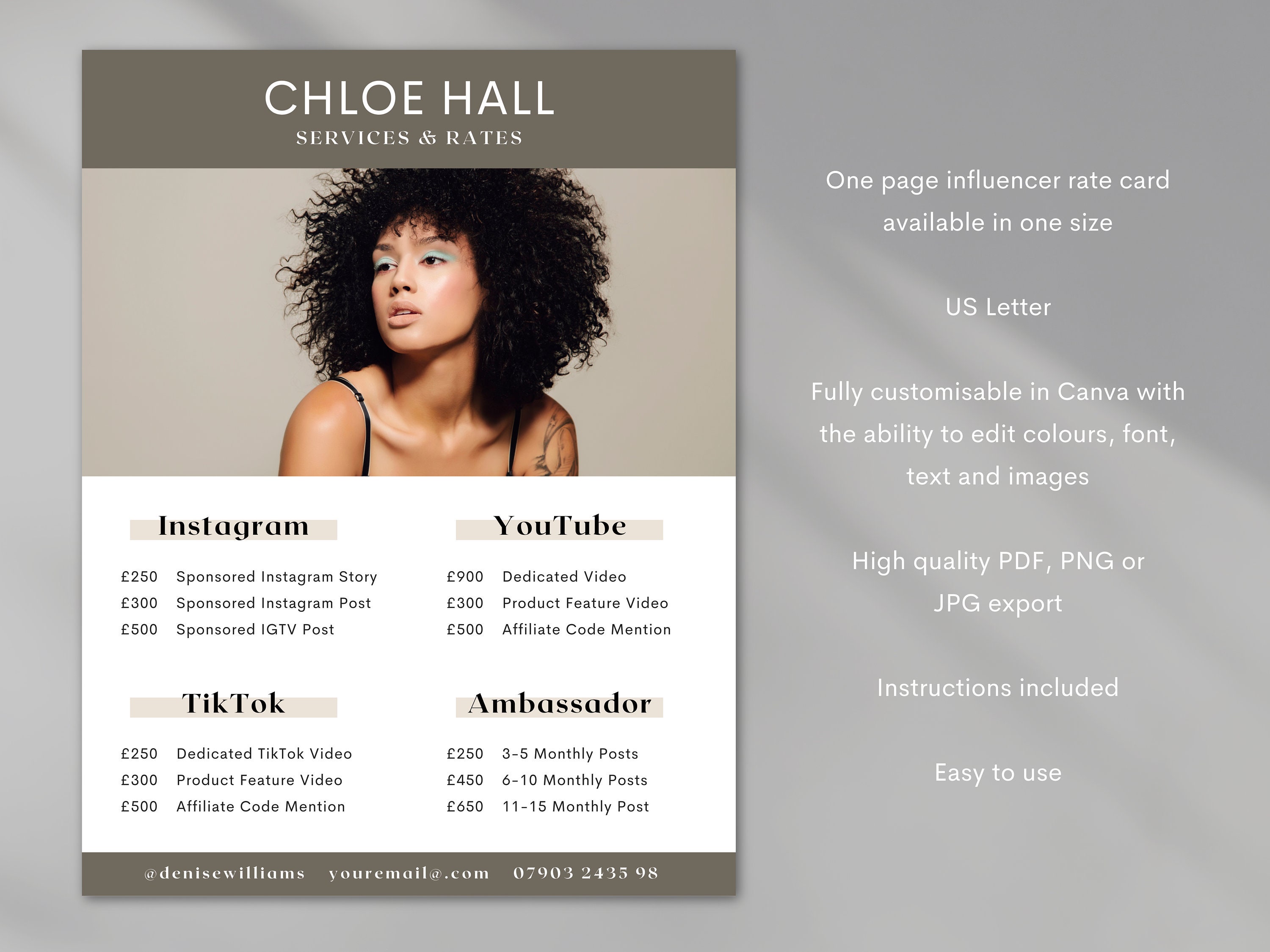 Influencer Rate Card I Canva Template I Influencer Kit I 1 Page Rate ...
