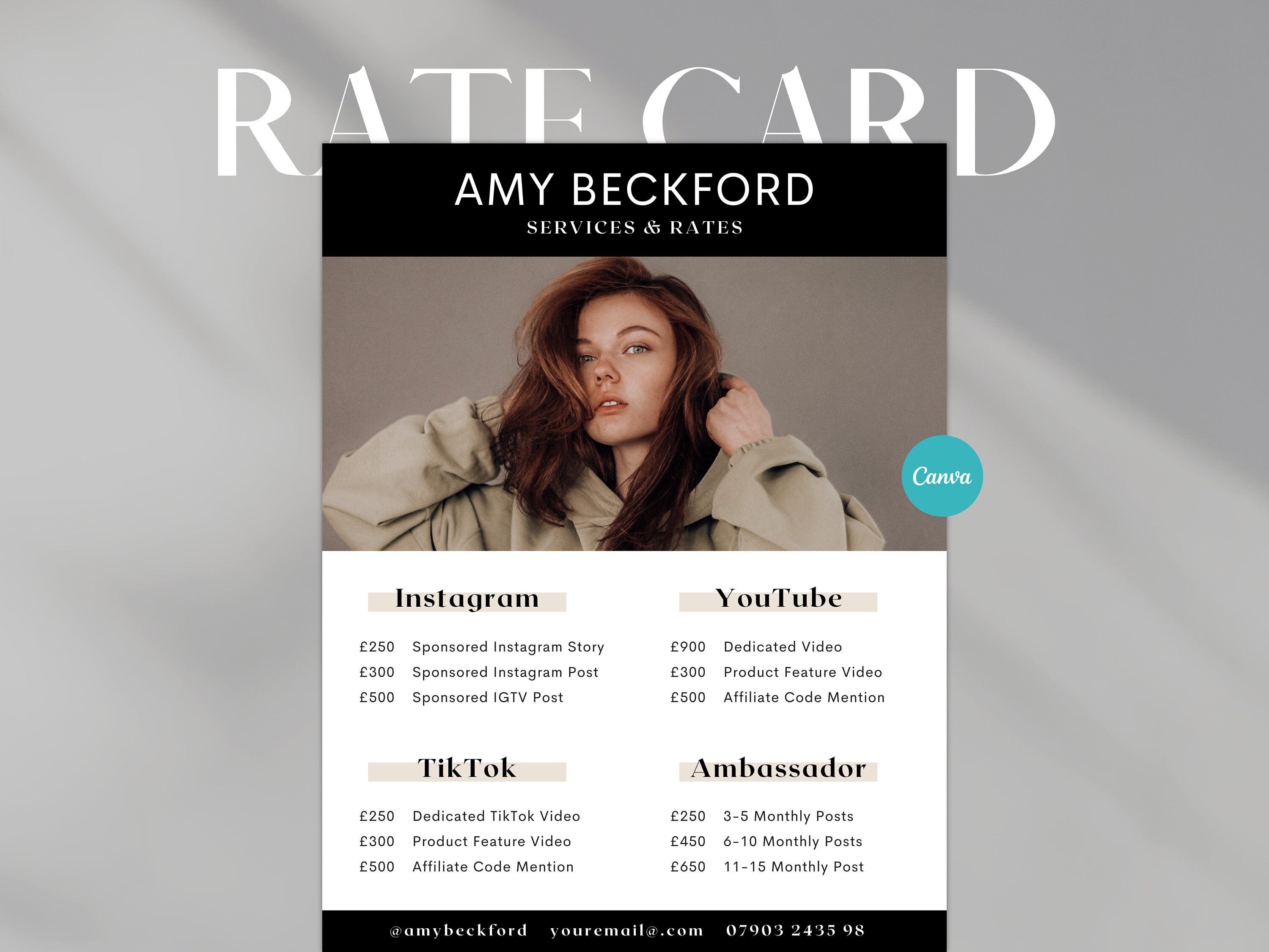 Influencer Rate Card I Canva Template I Influencer Kit I 1 Page Rate ...