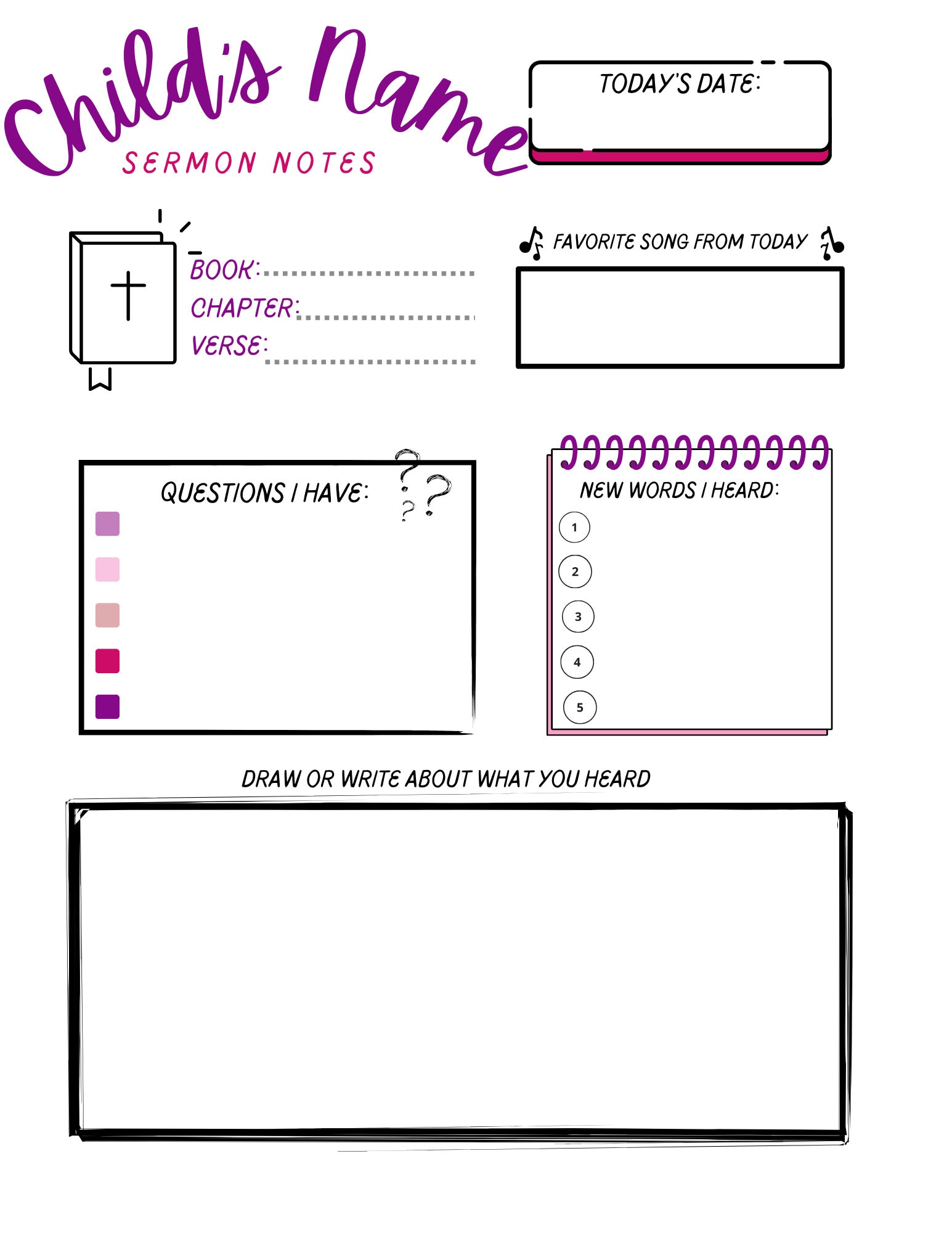 Sermon Notes for Kids Bible Study Journal for Children Printable Church ...