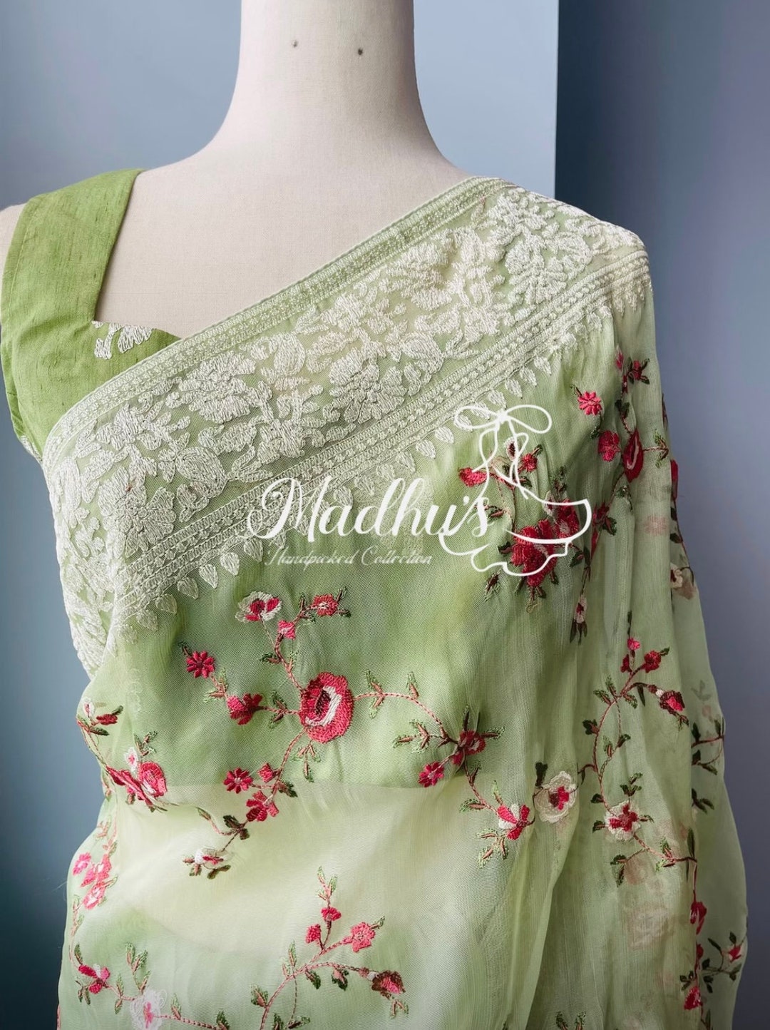 Apple Green Net Embroidery Saree With Designer Stitched Blouse - Etsy