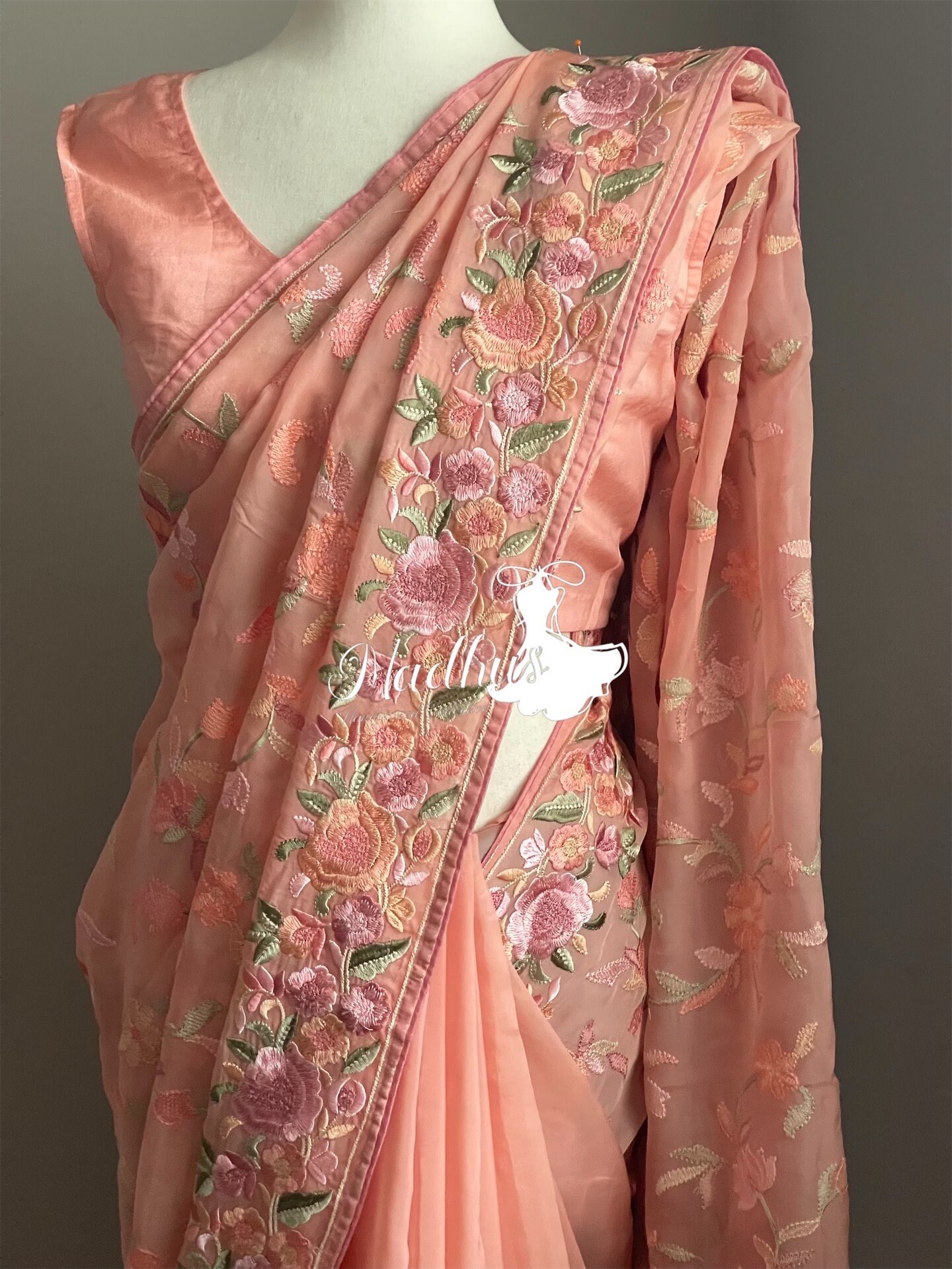 Peach Embroidery Organza Motif Saree Good Quality - Etsy