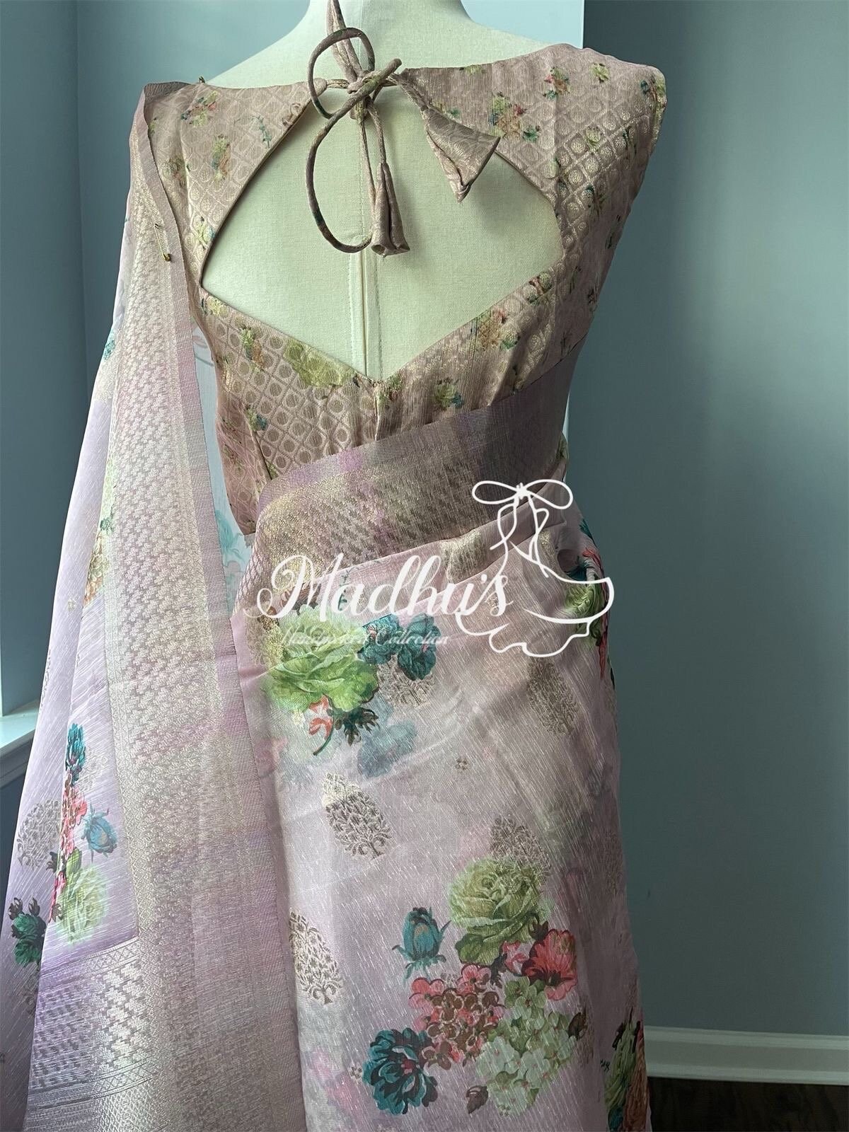 Lavender Pink Chanderi Floral Lenin Saree With Antique Gold Motifs and ...