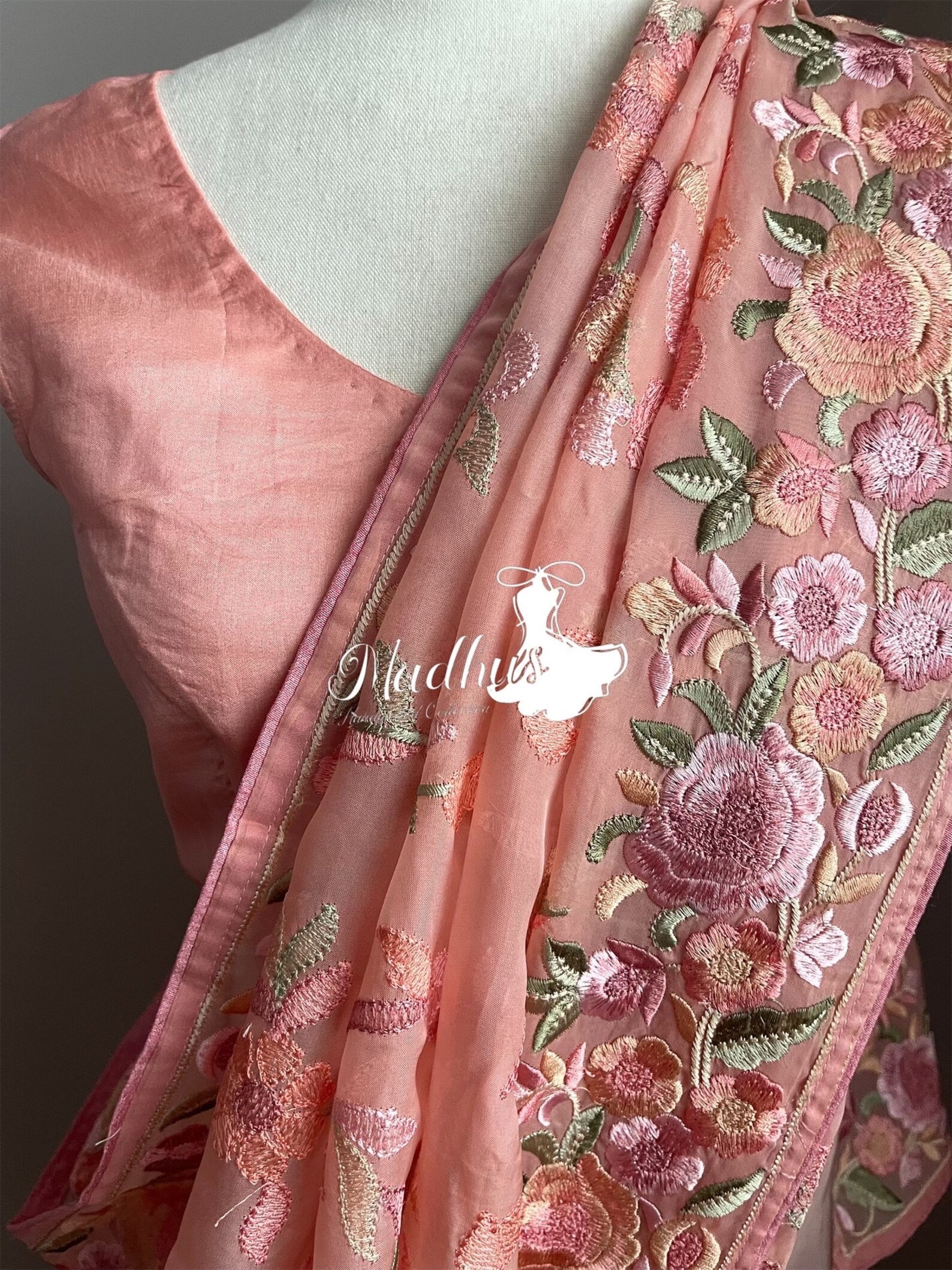 Peach Embroidery Organza Motif Saree Good Quality - Etsy