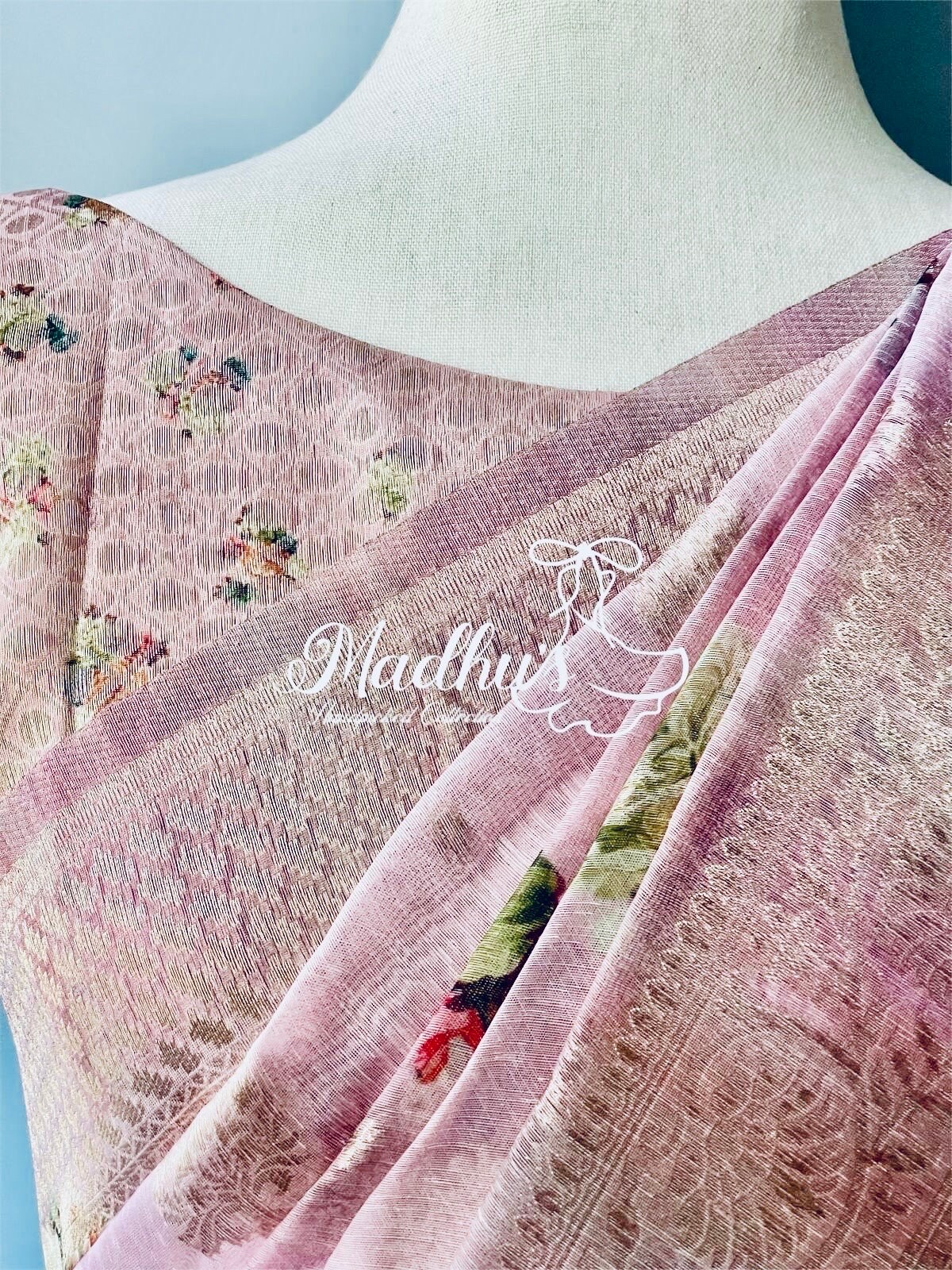 Lavender Pink Chanderi Floral Lenin Saree With Antique Gold Motifs and ...