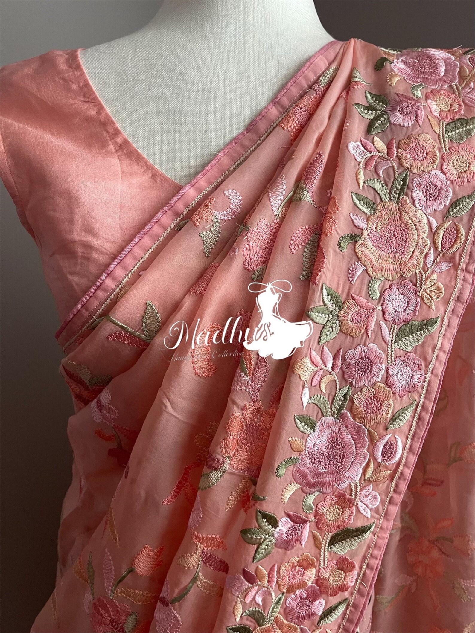 Peach Embroidery Organza Motif Saree Good Quality - Etsy