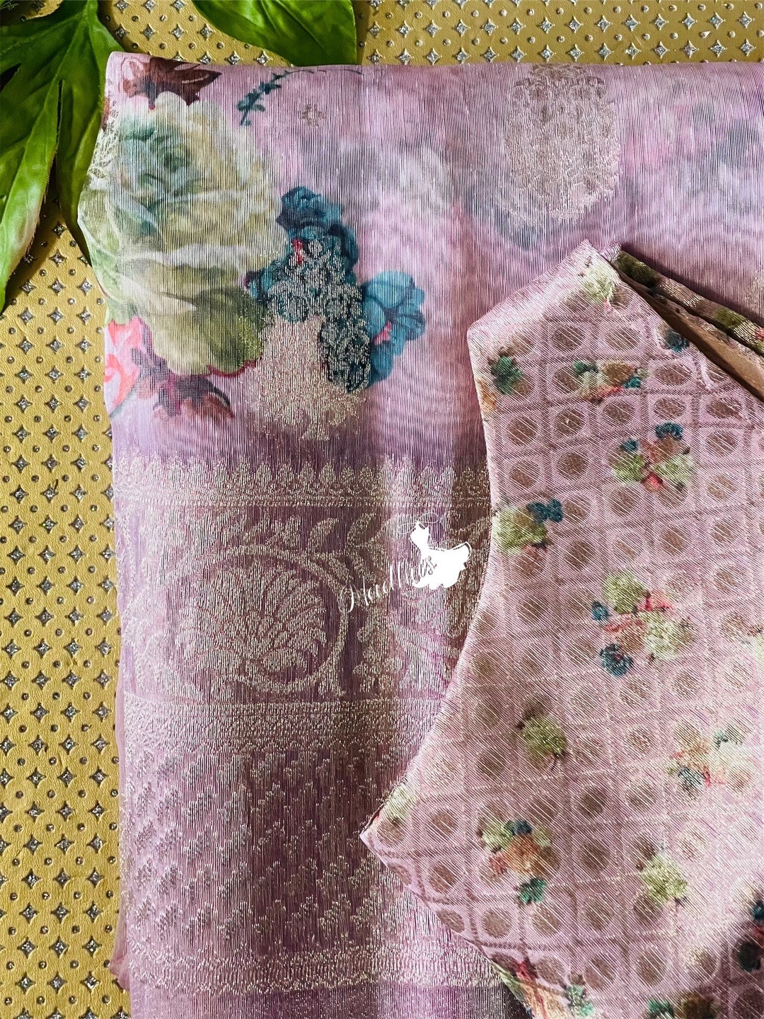 Lavender Pink Chanderi Floral Lenin Saree With Antique Gold Motifs and ...