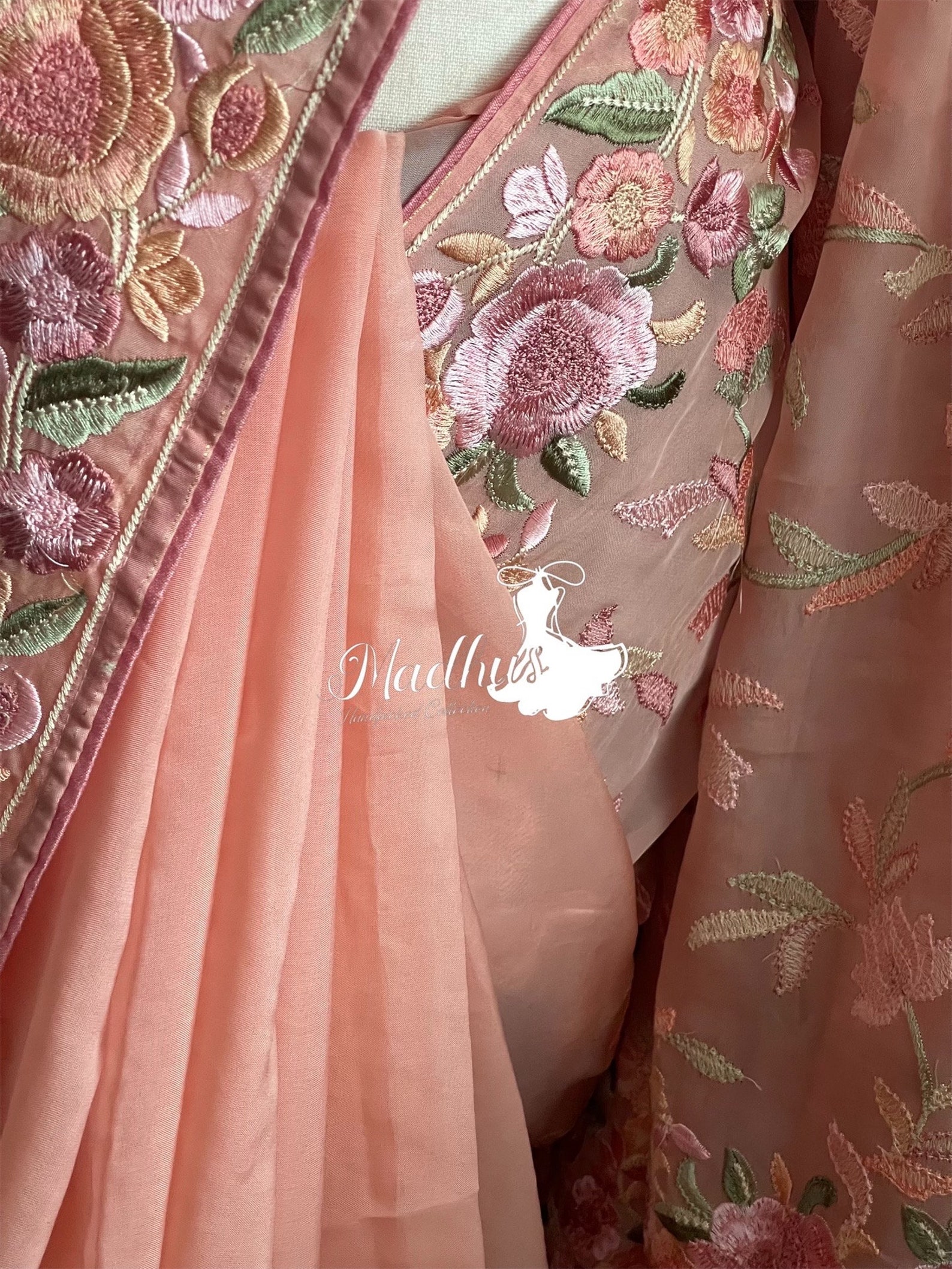 Peach Embroidery Organza Motif Saree Good Quality - Etsy