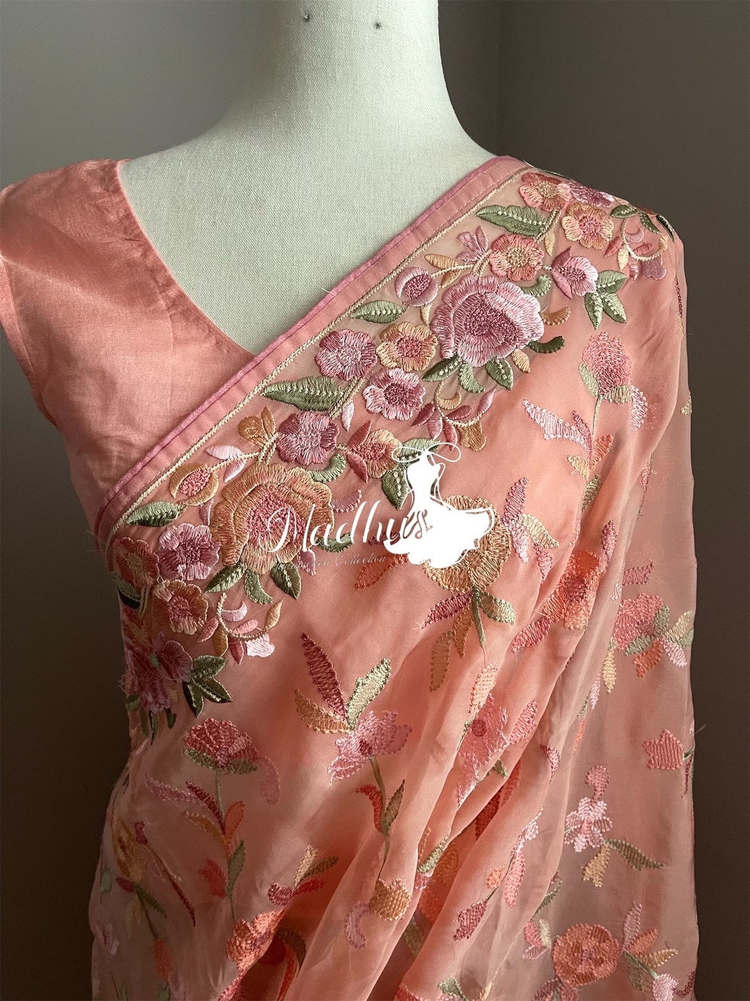 Peach Embroidery Organza Motif Saree Good Quality - Etsy