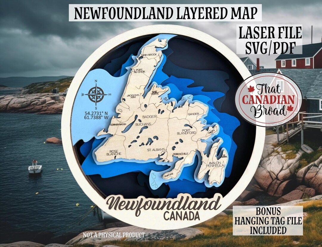 NEWFOUNDLAND Layered Map Sign and Hanging Tag Set, Canadian Theme ...