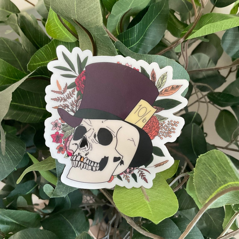 Mad Hatter Floral Skull Vinyl Sticker | Alice in Wonderland Sticker ...