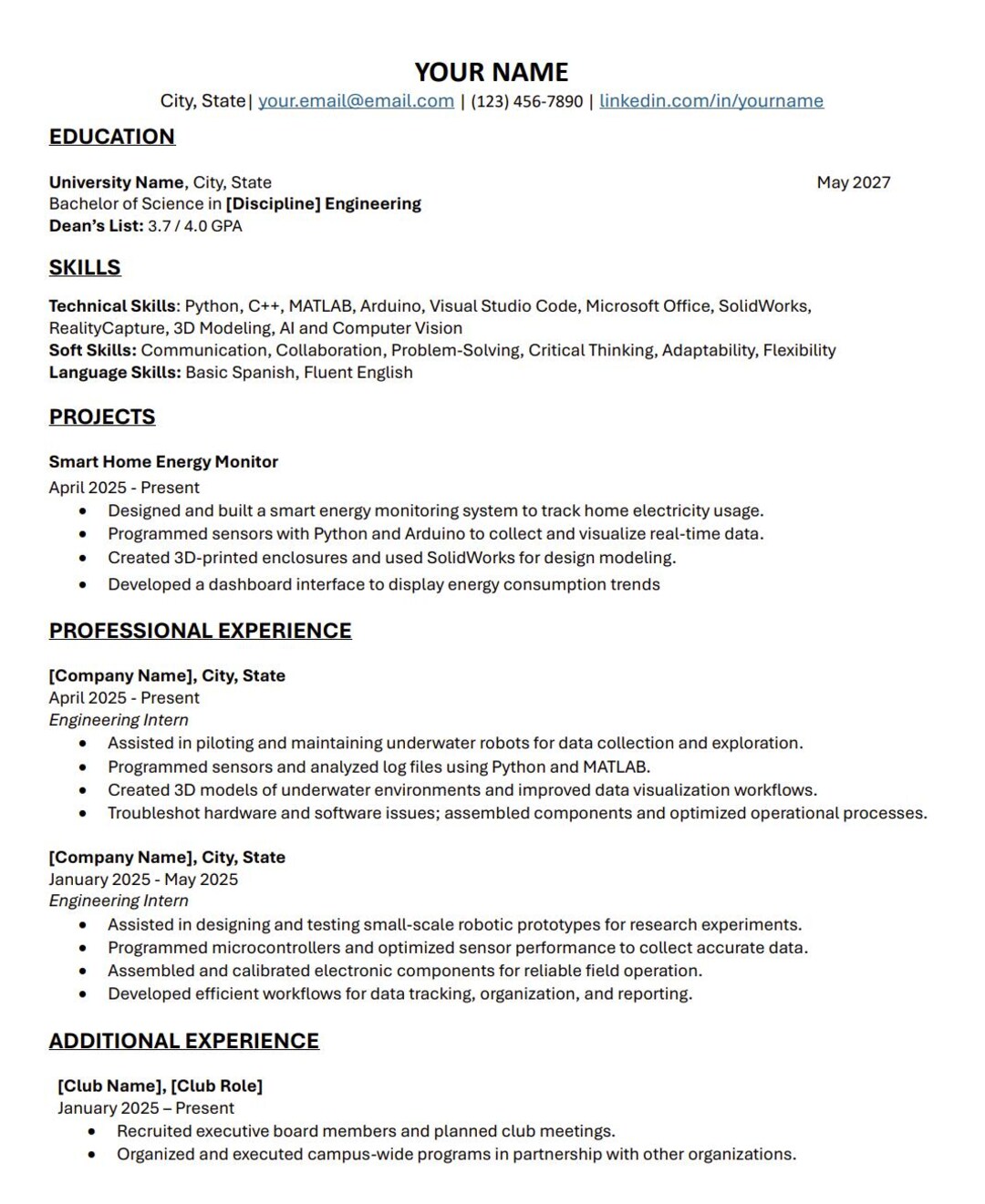 Engineering Resume Template | Ats-friendly, Internship Ready (word ...