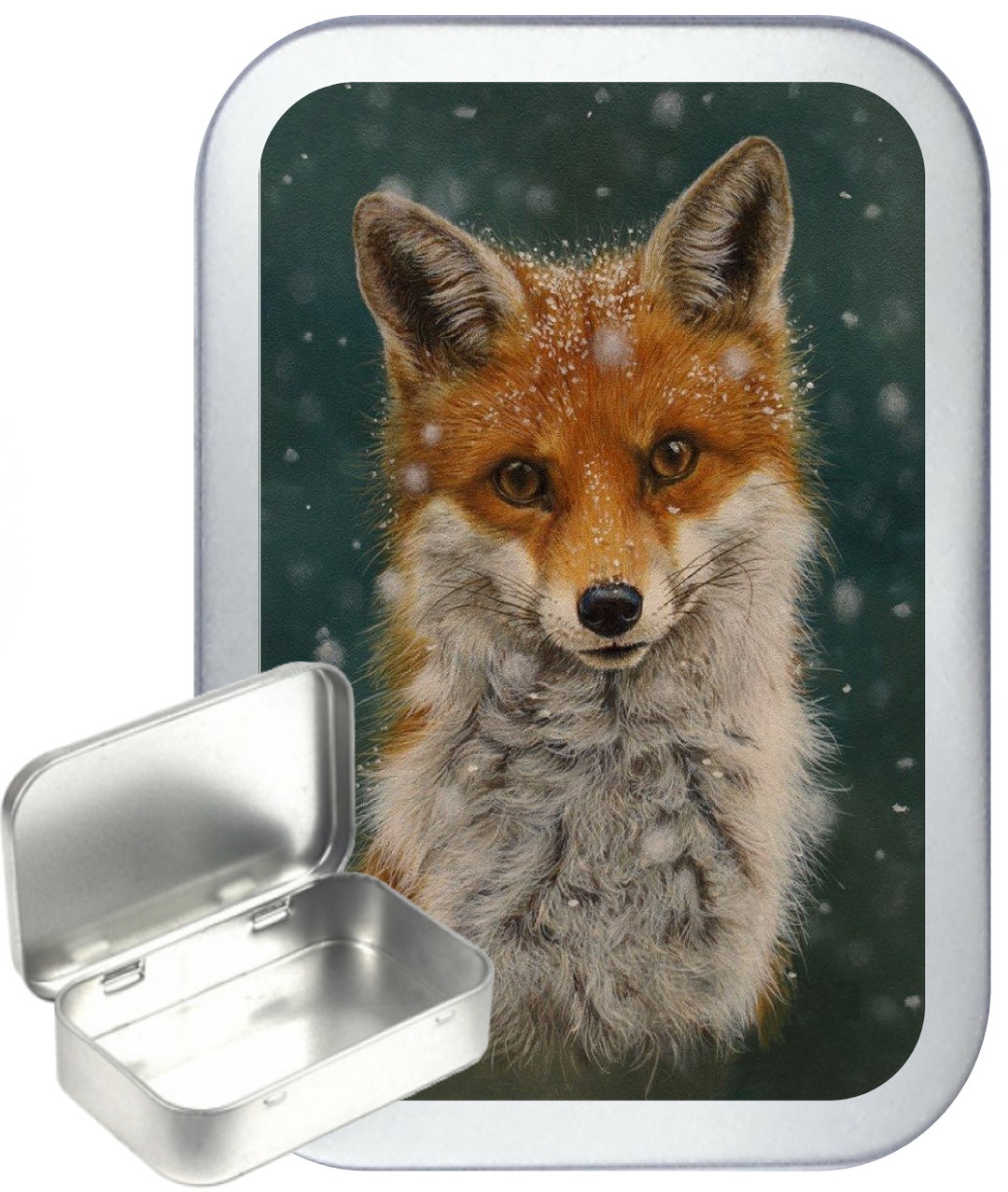Fox Portrait Medium Silver Hinged Gift Tin, Gift Box, Pill Tin, Pocket ...