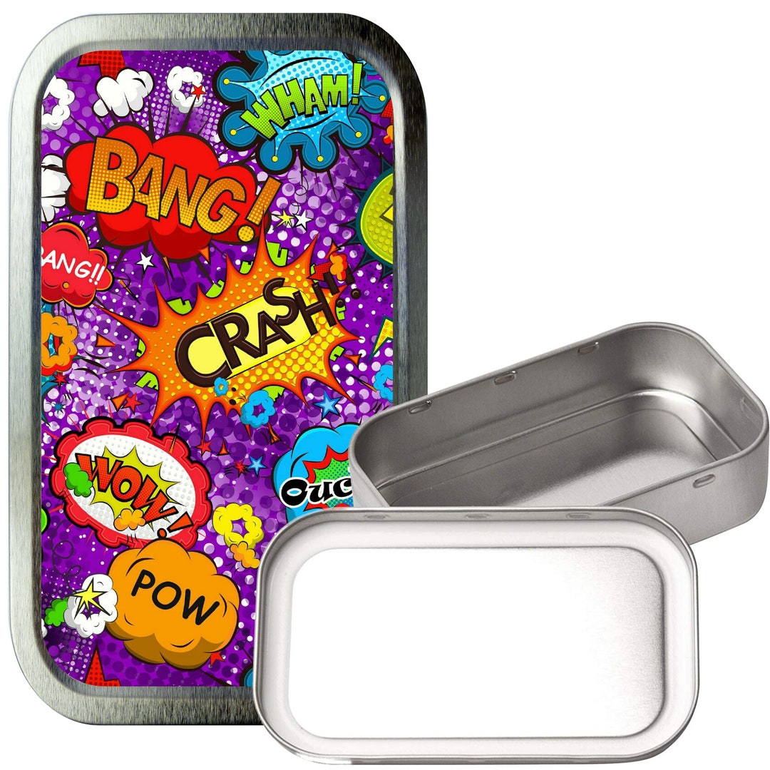 Purple Comic Bang 1oz Silver Tobacco Tin, Gift Box, Pill Tin, Pocket ...