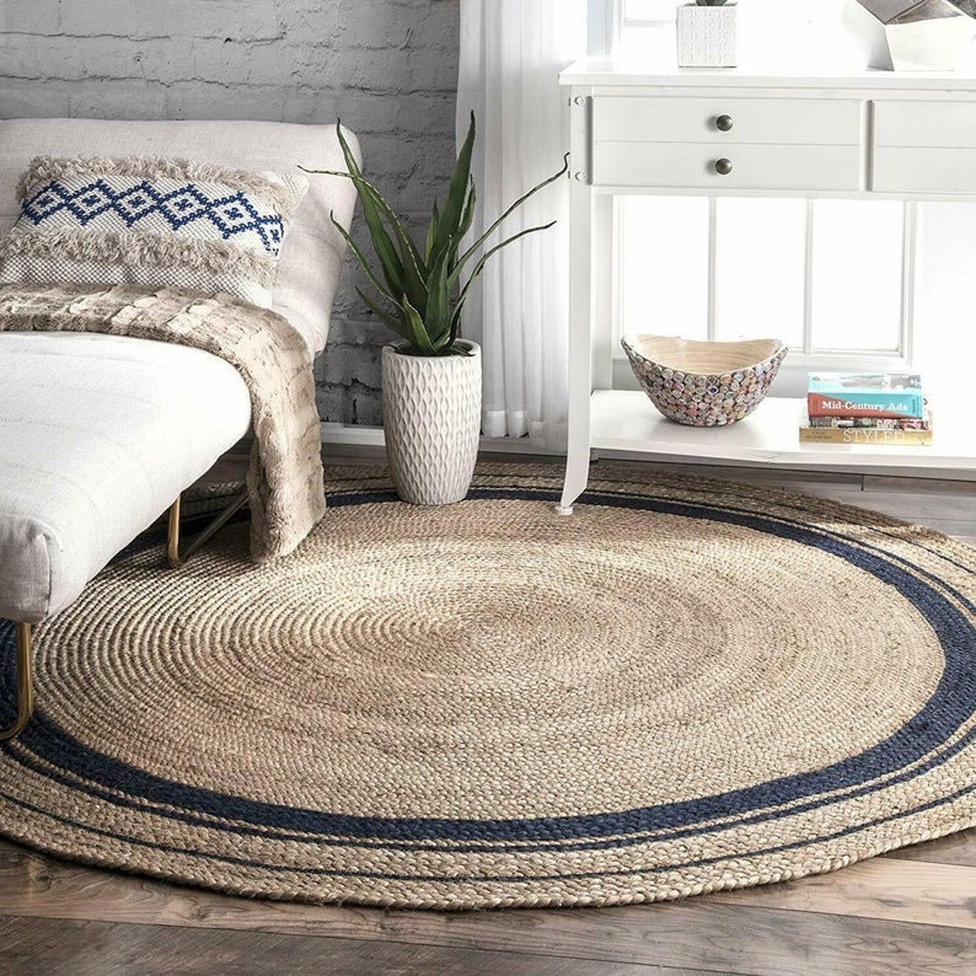 4x4, 5x5, 6x6, 7x7 Jute Natural Round Rug With Black Border, Braided ...