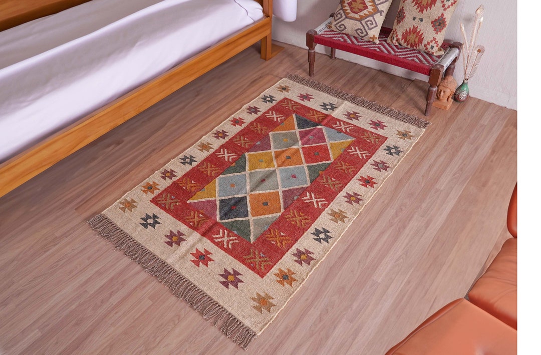 Handmade Woven Bricks Red Jute Kilim Rug-large Orange Kilim Rug-jute ...