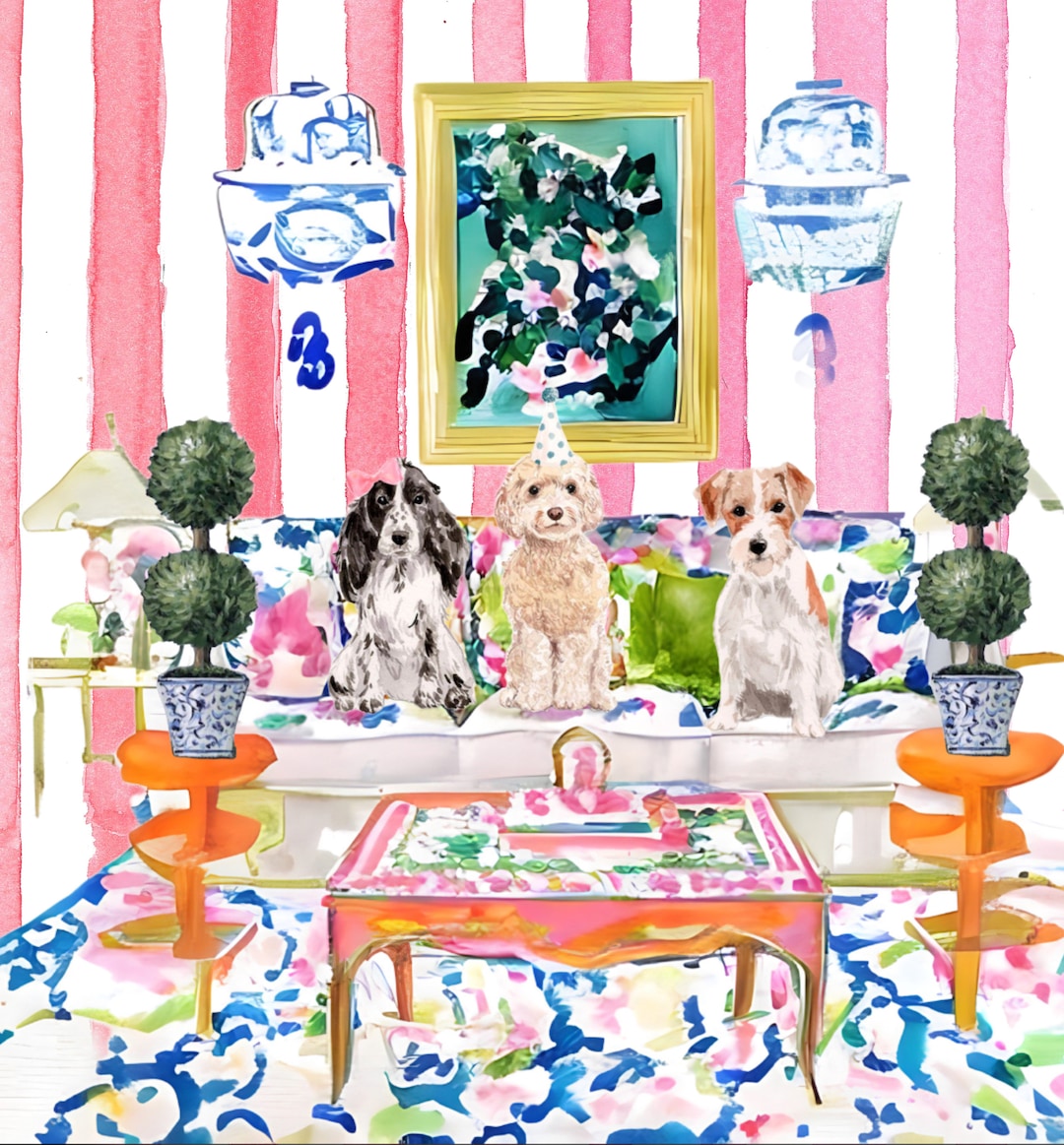 Grandmillennial Art, Dogs in Preppy Interior Digital Download, Can Be ...