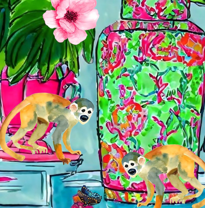 Grandmillennial Art, Cheeky Monkeys, Preppy Chinoiserie Watercolor and ...