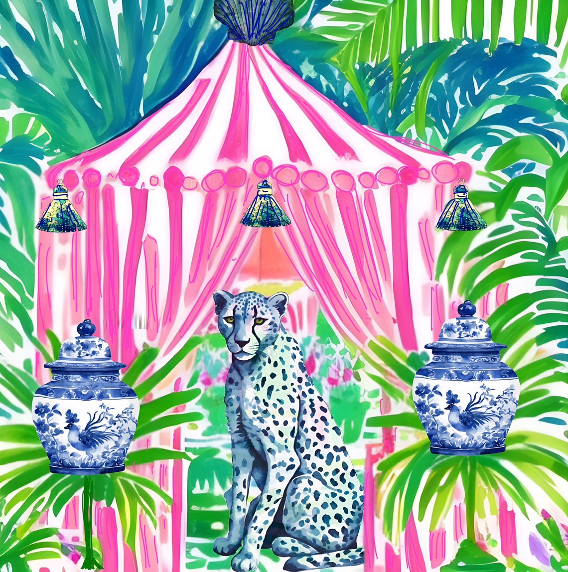 Grandmillennial Art, Blue Cheetah in Pink Cabana, Palm Beach Art - Etsy