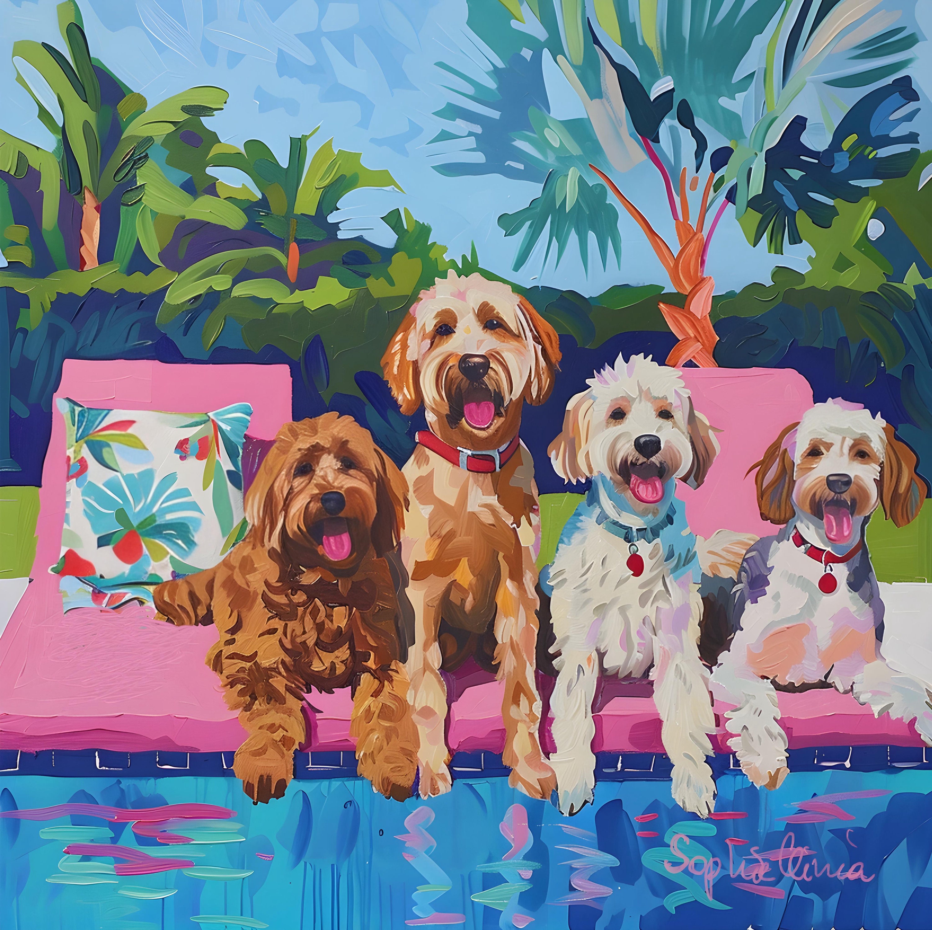 Digital, Grandmillennial Art, Doodles at the Swimming Pool Digital ...