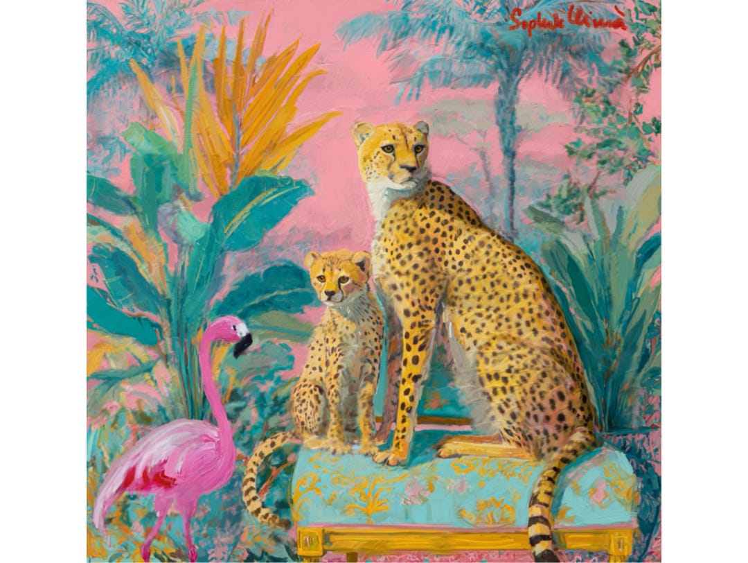 Preppy Cheetahs and Cheetah Cab in Pink Chinoiserie Interior, Whimsical ...