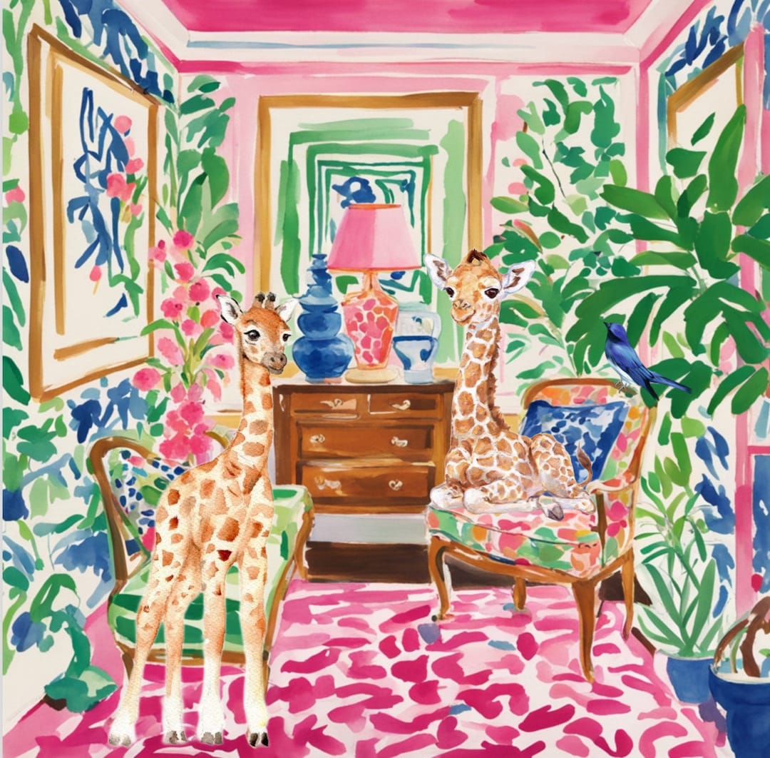 Grandmillennial Art, Baby Giraffes in Preppy Interior, Whimsical ...