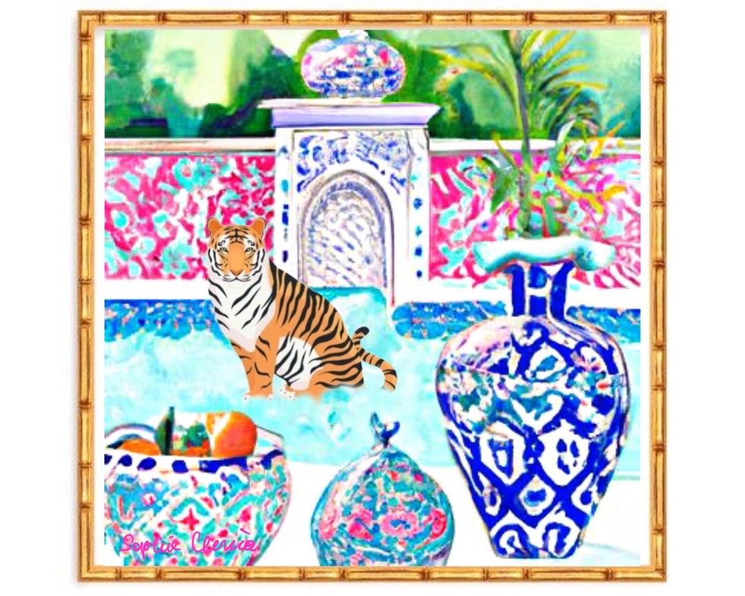 Grandmillennial Art, Whimsical Tiger in Moroccan Swimming Pool - Etsy