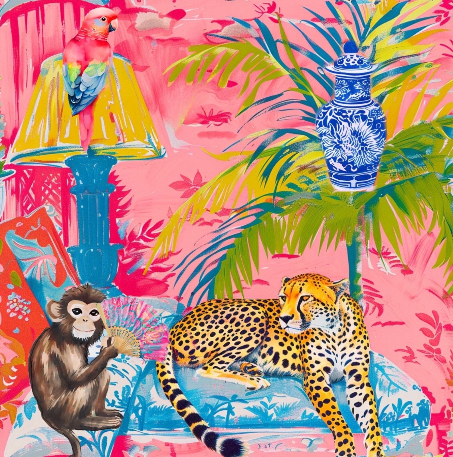 Preppy Cheetah and Monkey in Orange Chinoiserie Interior, Whimsical ...