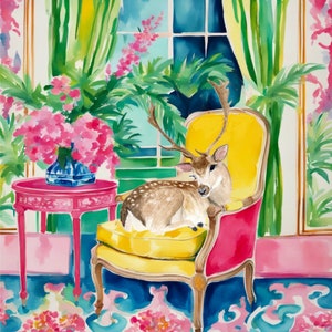 Grandmillennial Art, Deer in Preppy Chinoiserie Interior, Whimsical ...