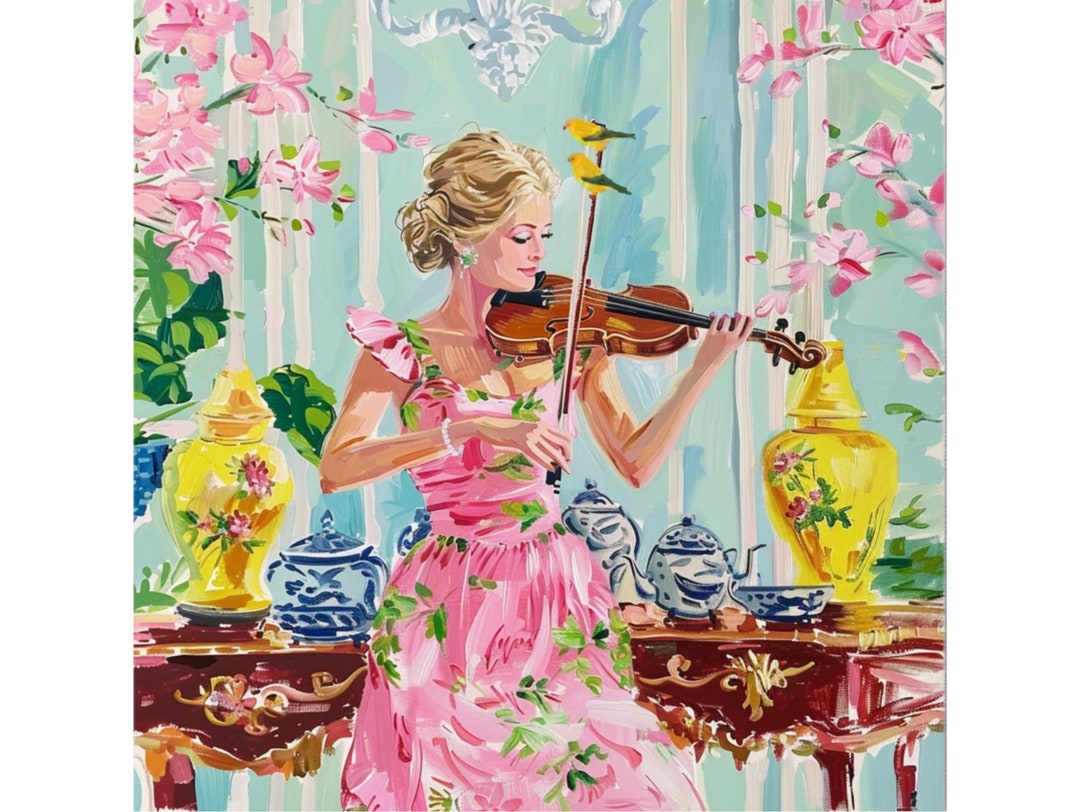 Grandmillennial Art, A Violin Practice, Preppy Girl Art - Etsy
