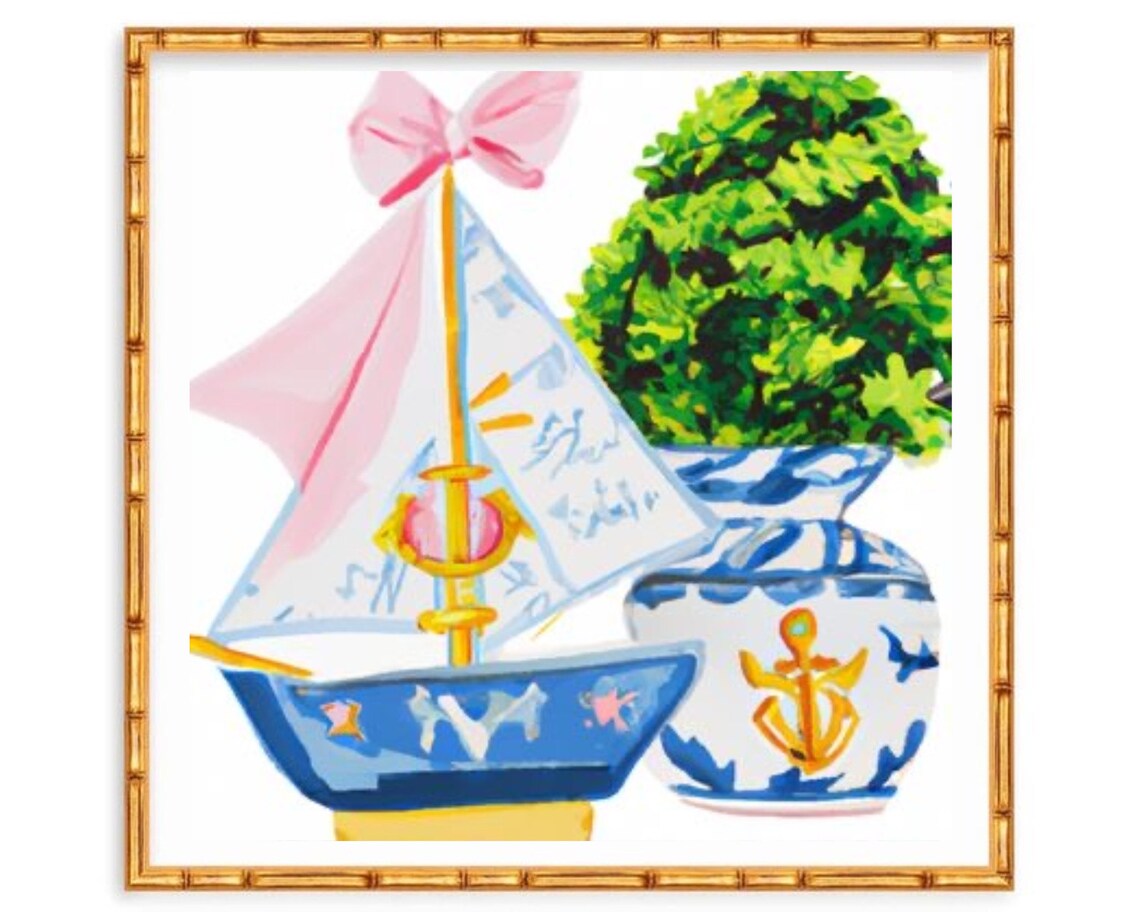 Grandmillennial Art, Sailing Boat and Chinoiserie Jar With Topiary - Etsy