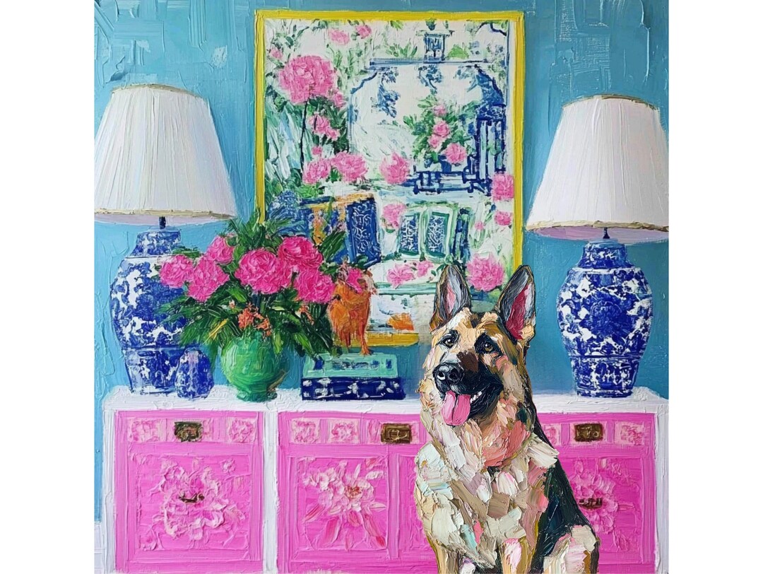 Grandmillennial Art, German Shepherd Pup in Preppy Chinoiserie Interior ...