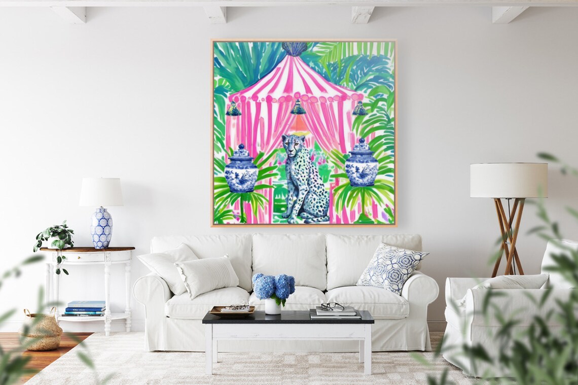 Grandmillennial Art, Blue Cheetah in Pink Cabana, Palm Beach Art - Etsy