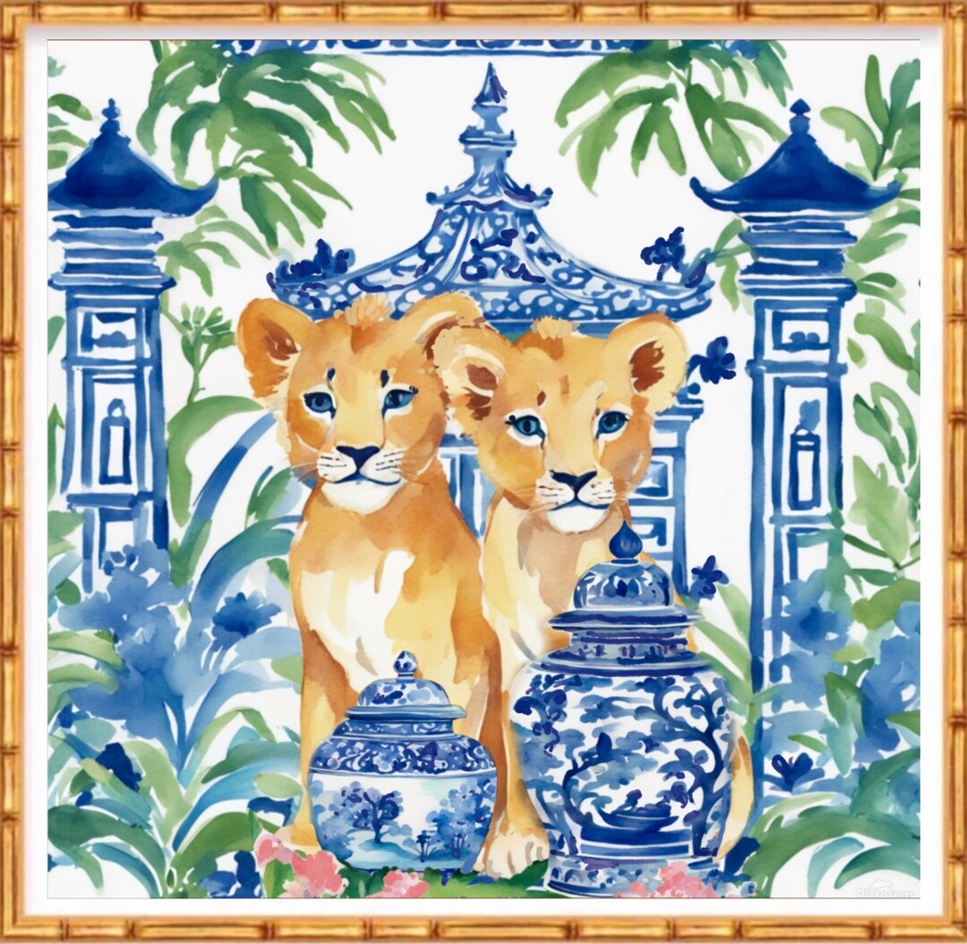 Preppy Chinoiserie Lion Cubs in Pagoda Garden, Whimsical Watercolor - Etsy